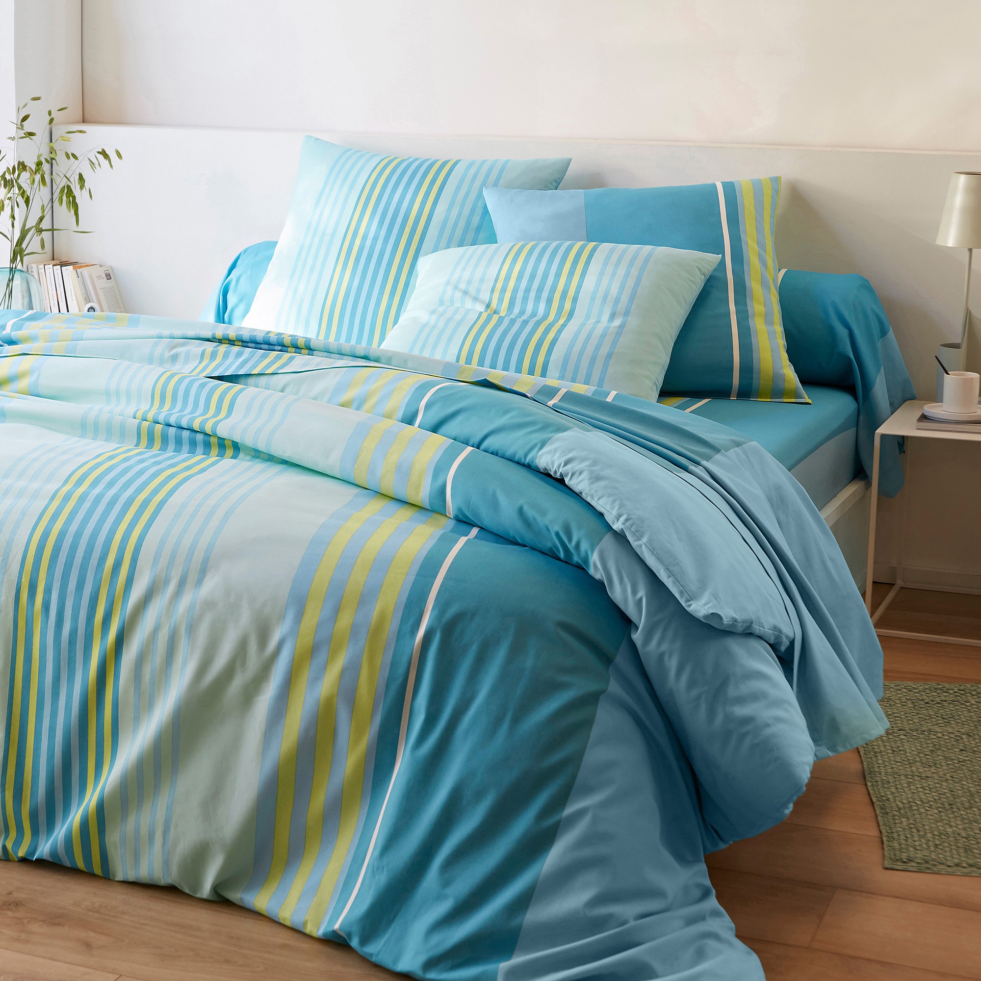 Linge de lit Détroit en coton imprimé rayures, turquoise | Blancheporte